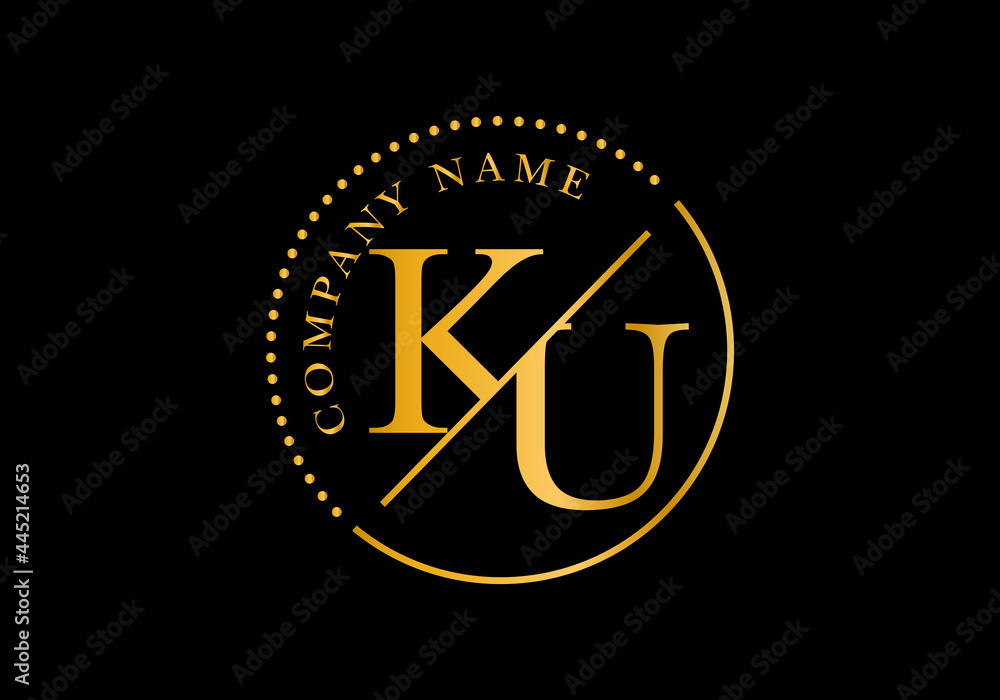 Golden letters KU with golden circle frames. Graphic Alphabet Symbol ...