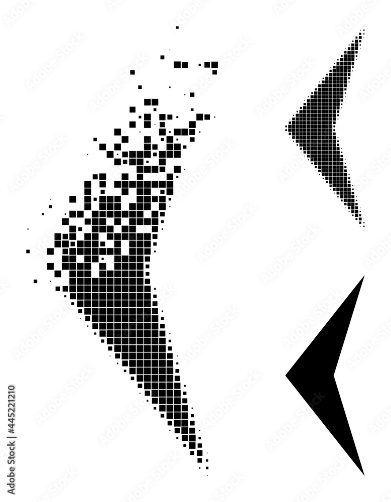 Erosion pixelated arrowhead left icon with destruction effect, and ...