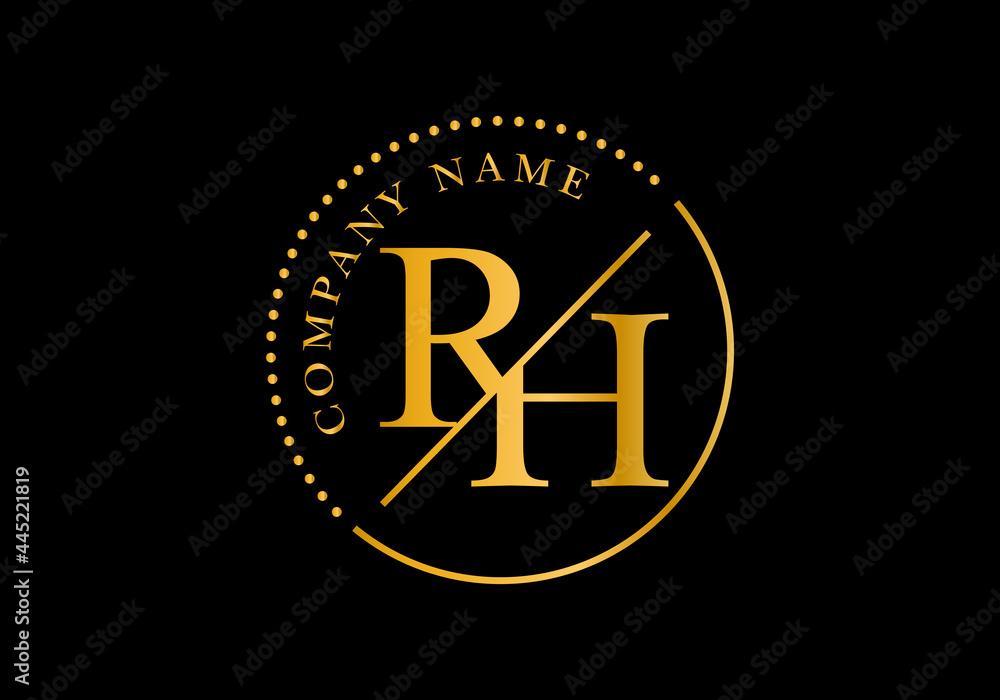 Golden letters RH with golden circle frames. Graphic Alphabet Symbol ...