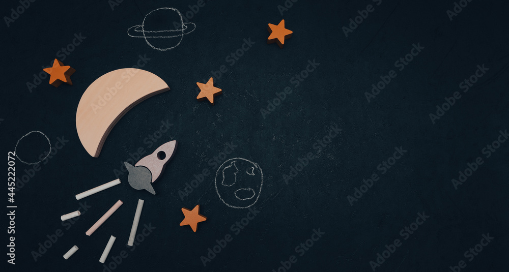 Rocket, moon and stars on black. Rocket, moon, stars and painted ...