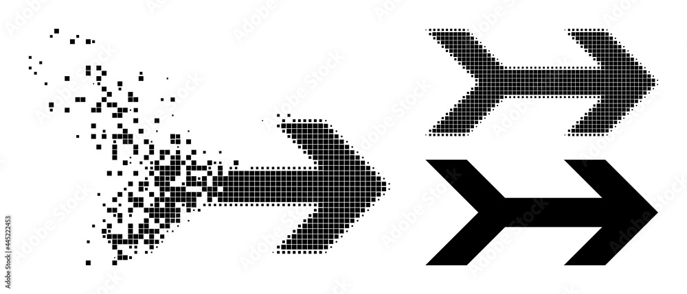 Decomposed pixelated arrow right icon with wind effect, and halftone ...
