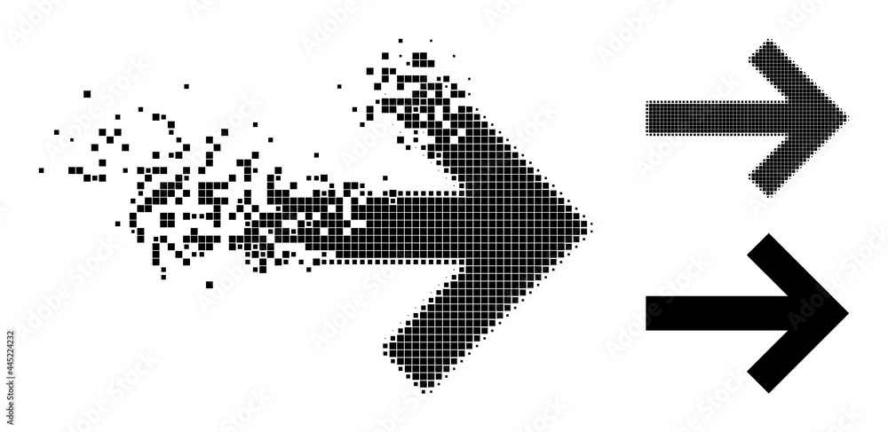 Dissipated pixelated arrow right glyph with wind effect, and halftone ...