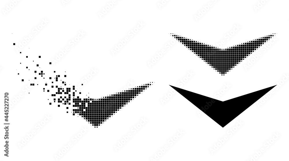 Burst pixelated arrowhead down glyph with destruction effect, and ...