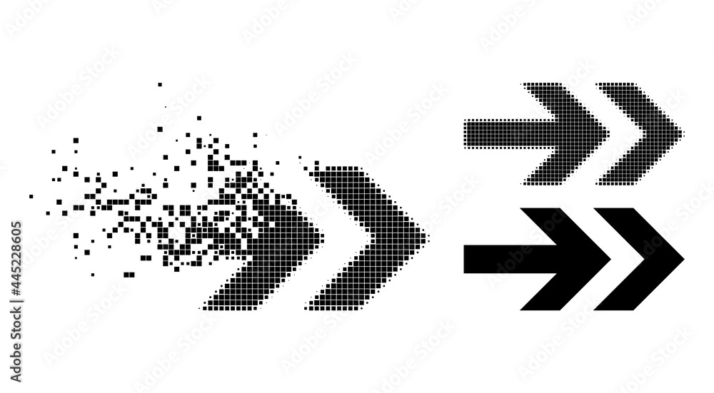 Dispersed dot arrow right icon with wind effect, and halftone vector ...