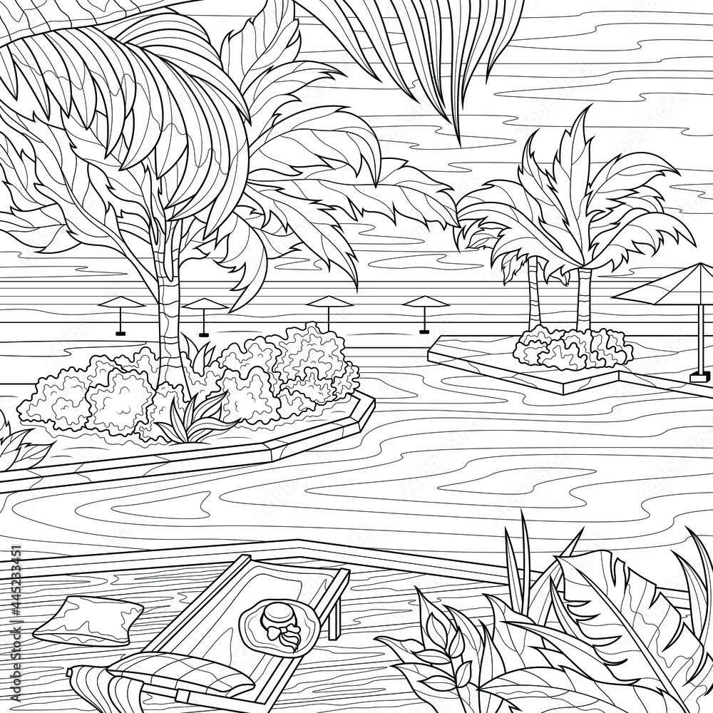Recreation area by the pool.Coloring book antistress for children and ...