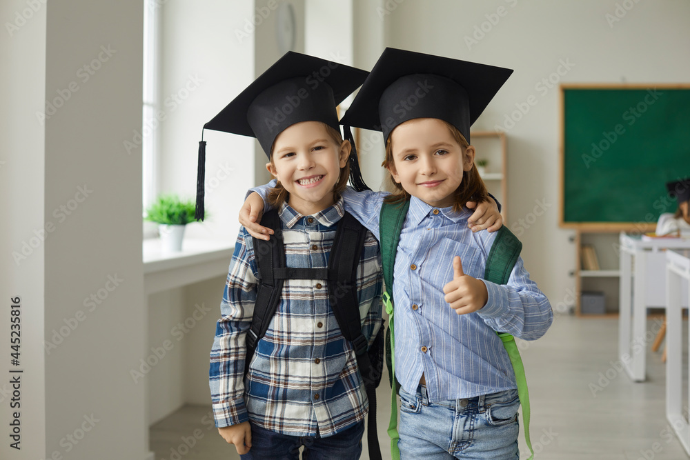 Elementary school learning and kids concept. Portrait of cheerful ...