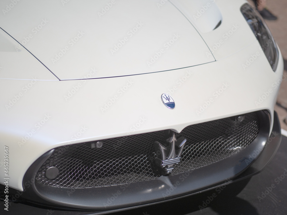 Front of the sports car Maserati MC20. The logo of the Italian car ...