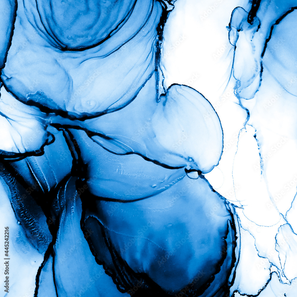 Abstract Watercolor Blot. Blue Colour Water Diffusion. Black Abstract ...