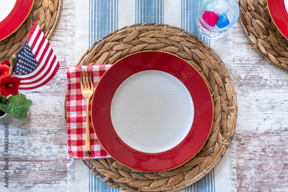 Overhead view of red white and blue picnic place setting Stock Photo ...