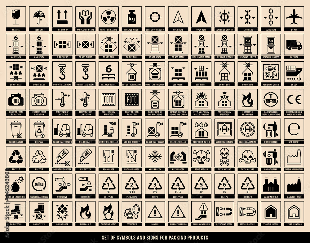 A set of manipulation symbols for packaging cargo products and goods ...
