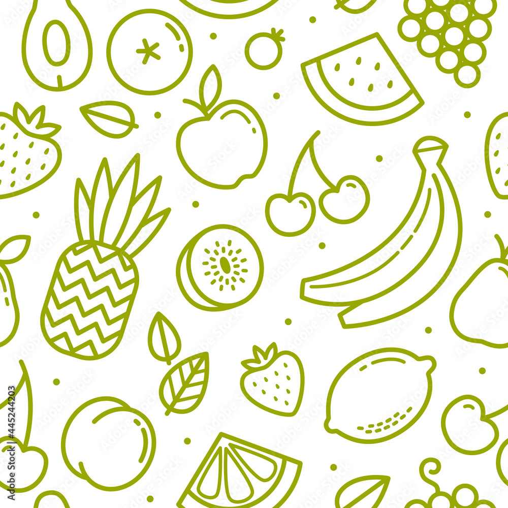 Vector tropical Fruits and berries line art seamless pattern on white ...