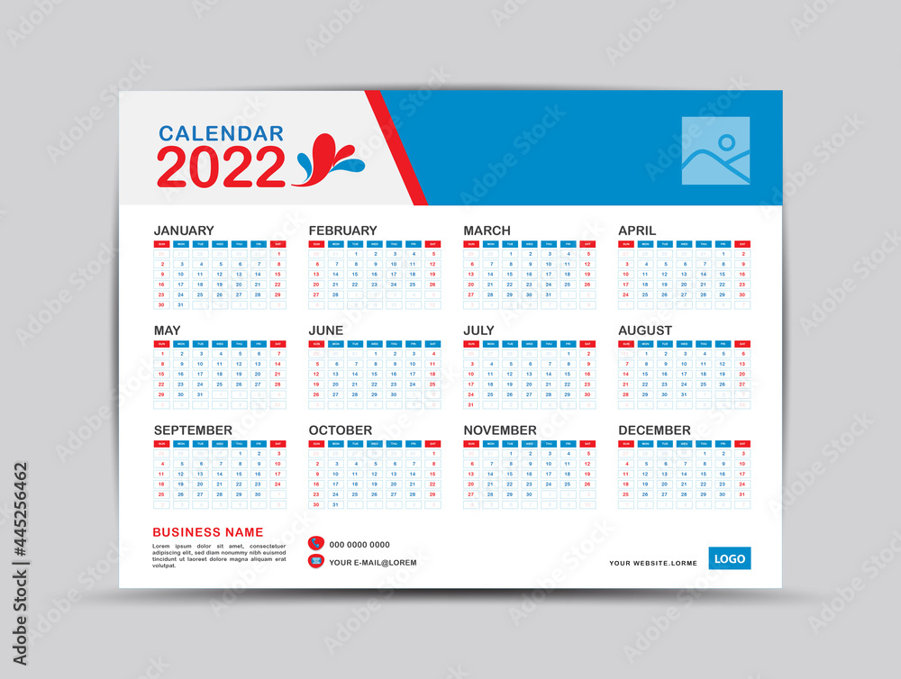 Horizontal quarterly calendar for 2022. Week starts on Sunday. set of ...