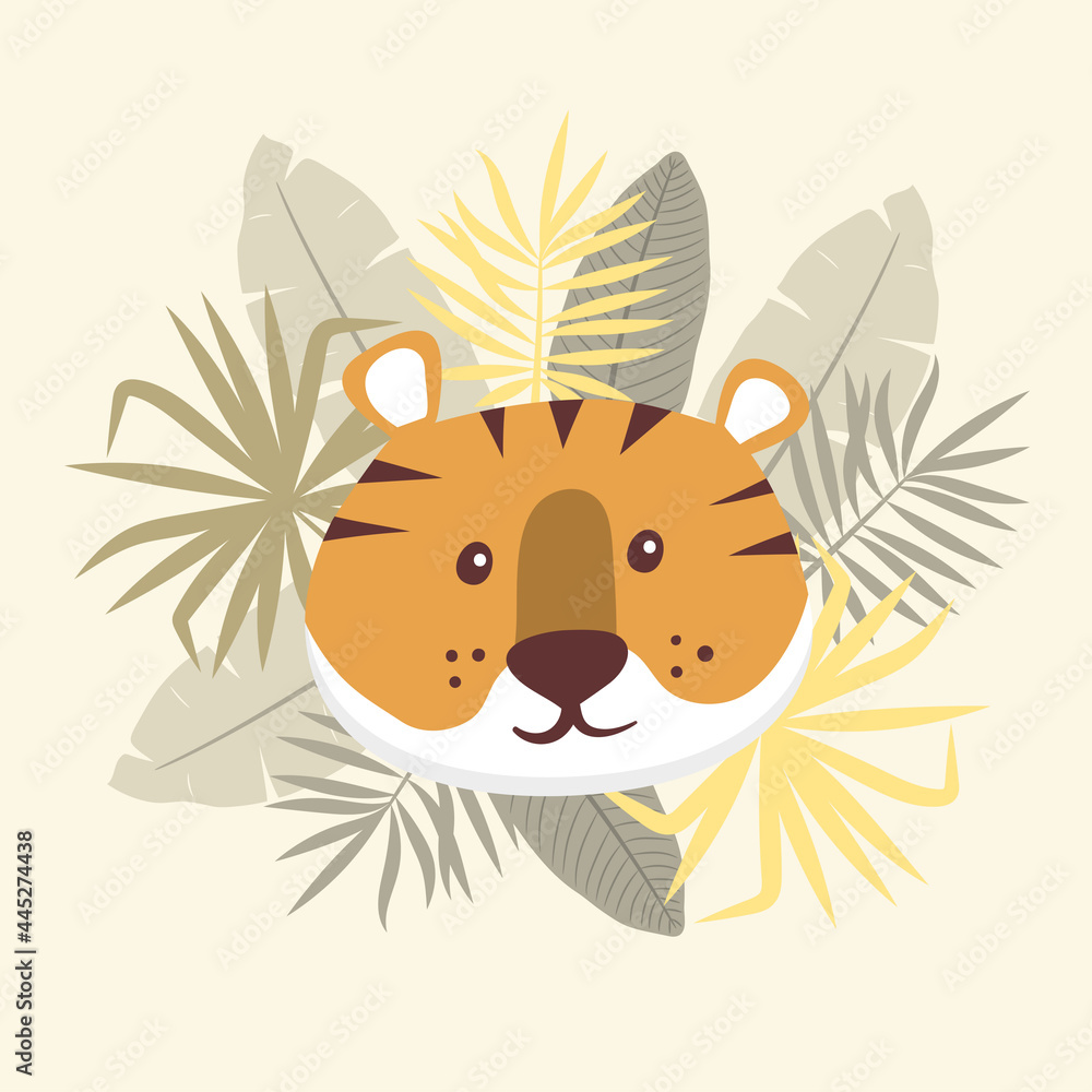 Cute cartoon tiger with tropical leaves. Baby print. Vector ...