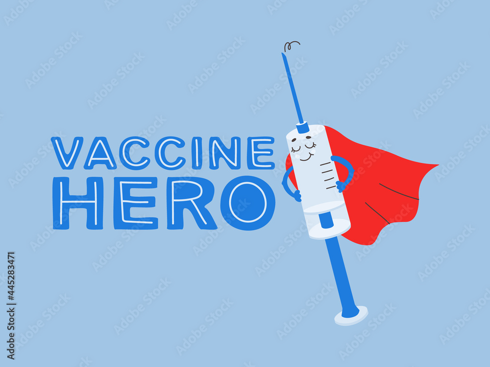 Cartoon syringe with vaccine. Illustration and lettering vaccine hero ...