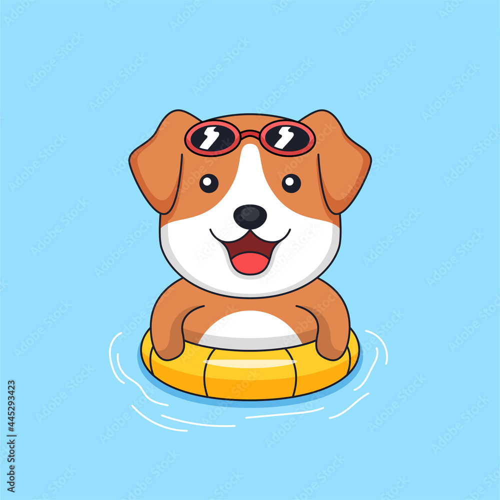 Cute dog wearing sunglasses and floating tire on swimming pool animal ...