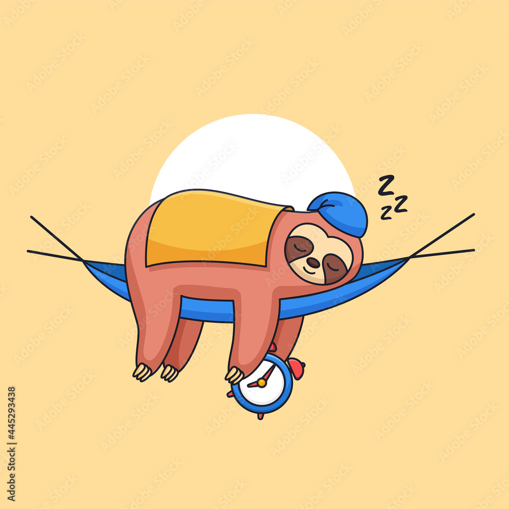 Cute sloth sleeping wearing blanket and holding alarm clock animal ...