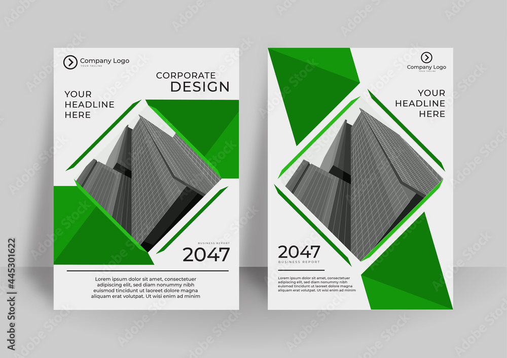 Green flyer design template. Minimal abstract curved wave shape on ...