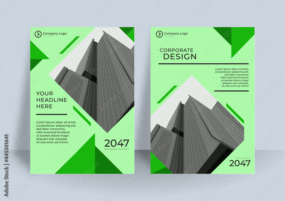 Green flyer design template. Minimal abstract curved wave shape on ...