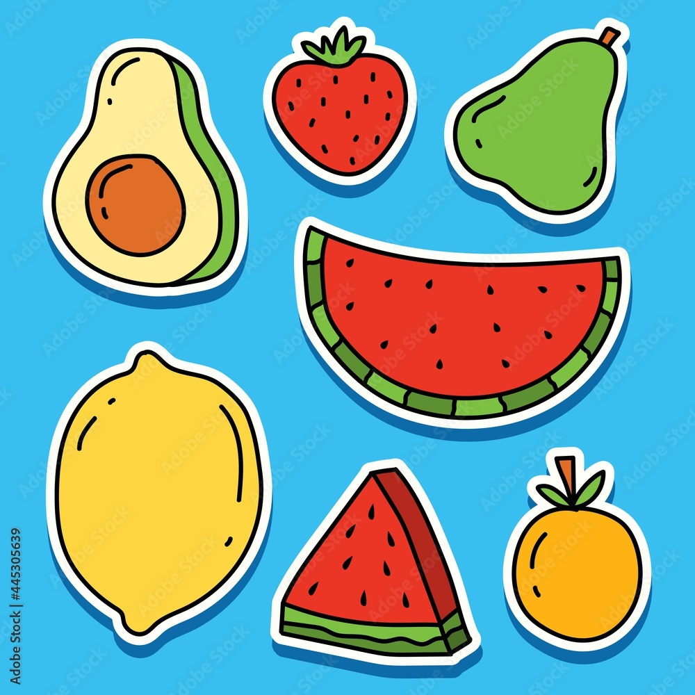 doodle kawaii cartoon fruit stickers for logos, patches, icons ...