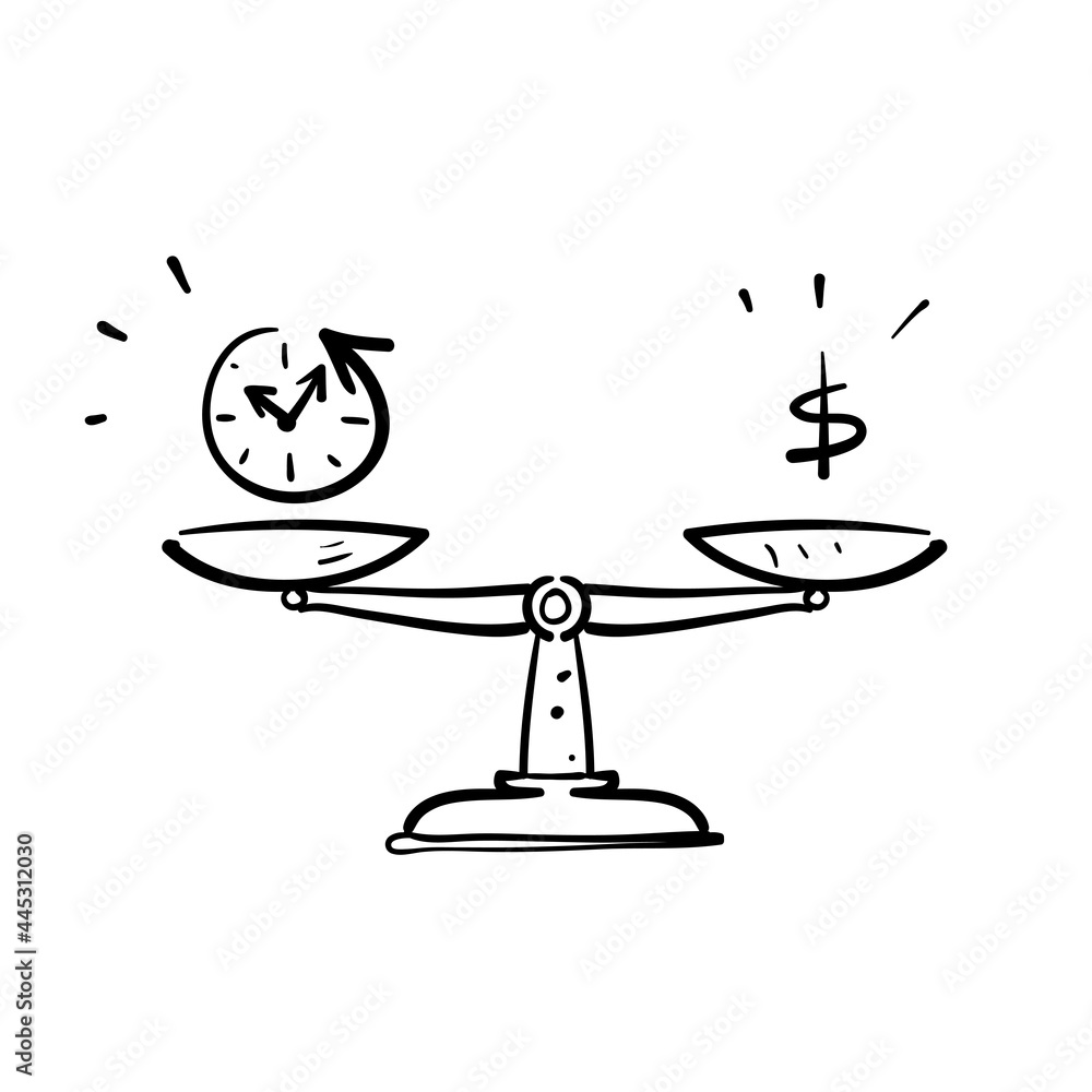 hand drawn doodle clock arrow and money on scales symbol for time is ...
