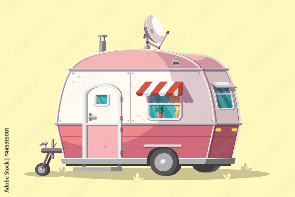 Old pink caravan. Vector illustration in modern cartoon style. Stock ...