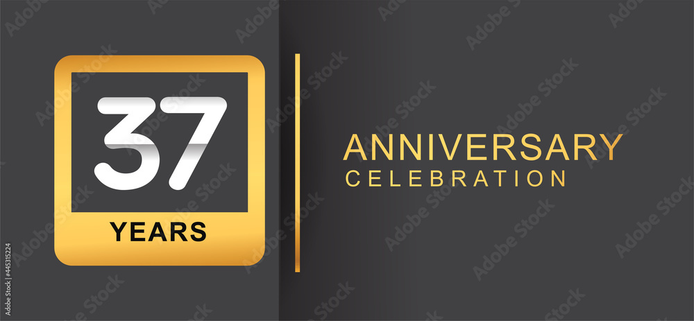 37th years anniversary logo framed with golden square isolated on black ...