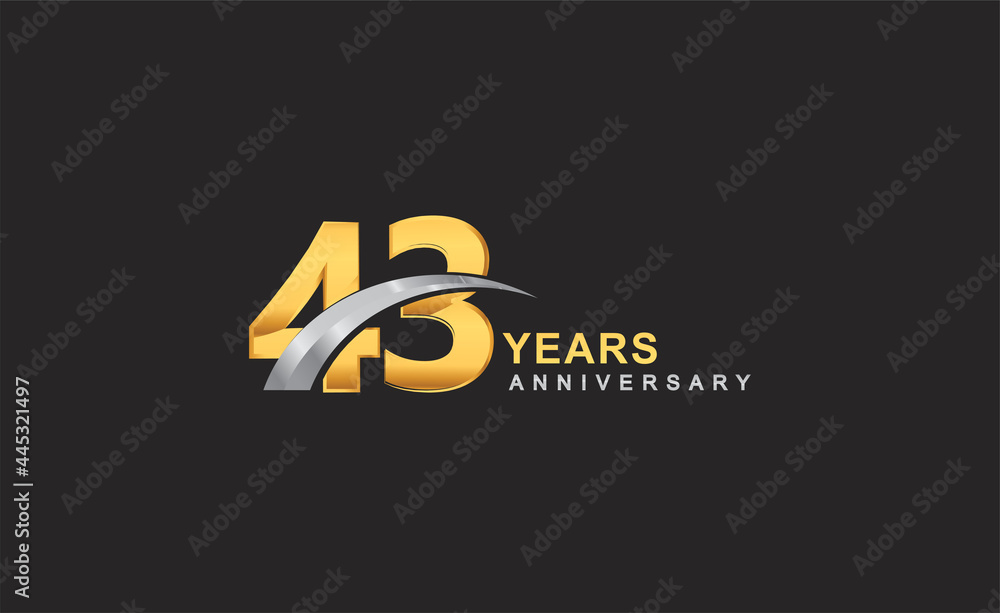 43rd years anniversary logo with golden ring and silver swoosh isolated ...
