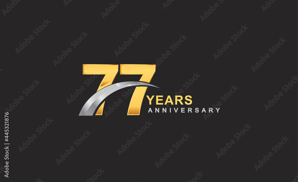 77th years anniversary logo with golden ring and silver swoosh isolated ...