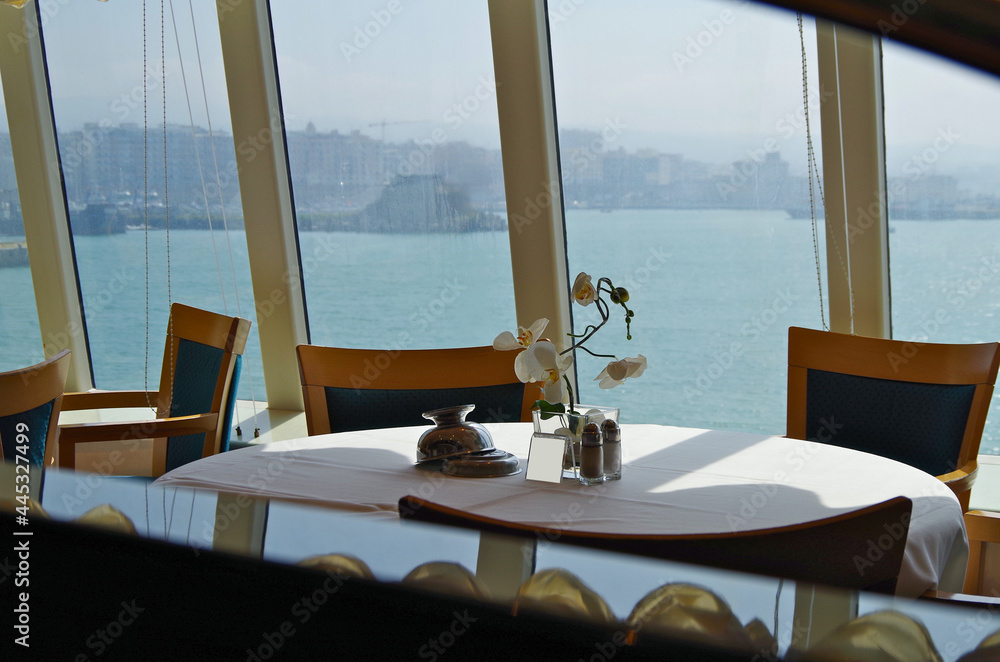 Formal elegant restaurant dining room onboard luxury cruiseship or ...