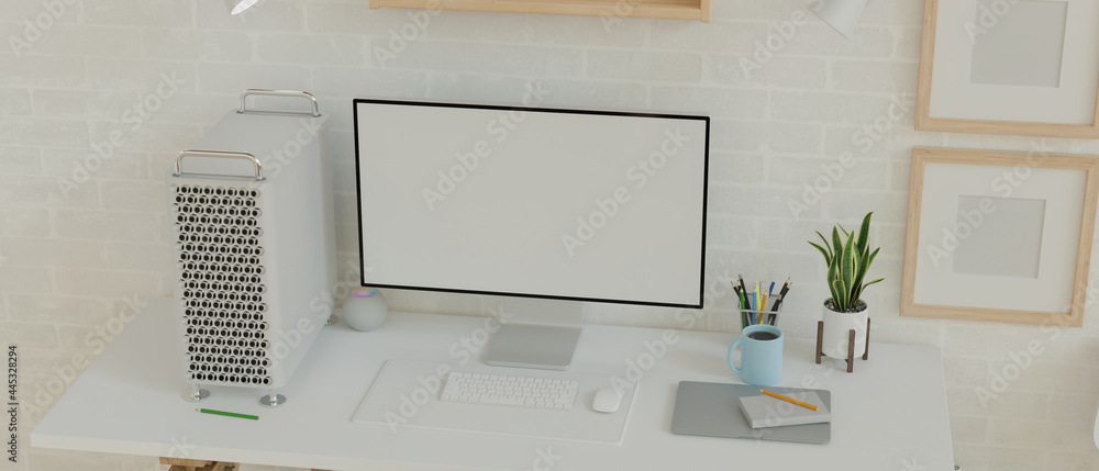 Desktop computer empty monitor in minimalistic modern home interior ...