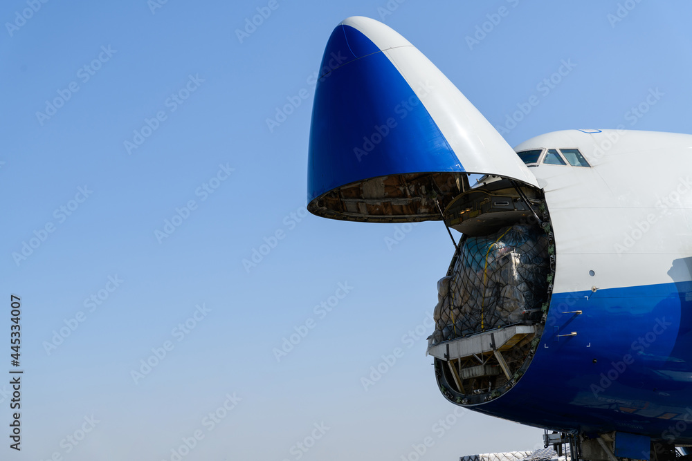 Nose of cargo compartment in the plane standing at the airport ...