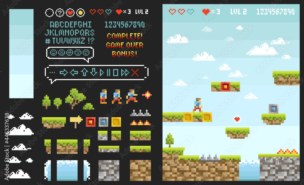 Pixel art 8 Bit arcade video game level design creator of ground ...