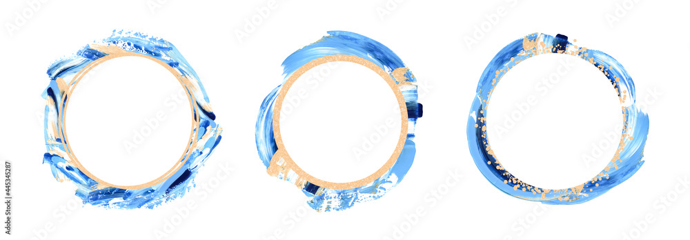Hand drawn blue and golden glitter brushstroke swash, white circle ...