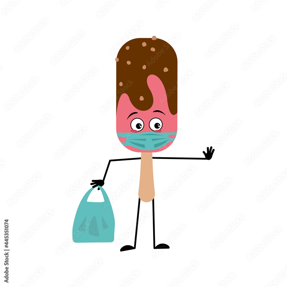Cute ice cream character with emotions, popsicle face in a mask keep at ...