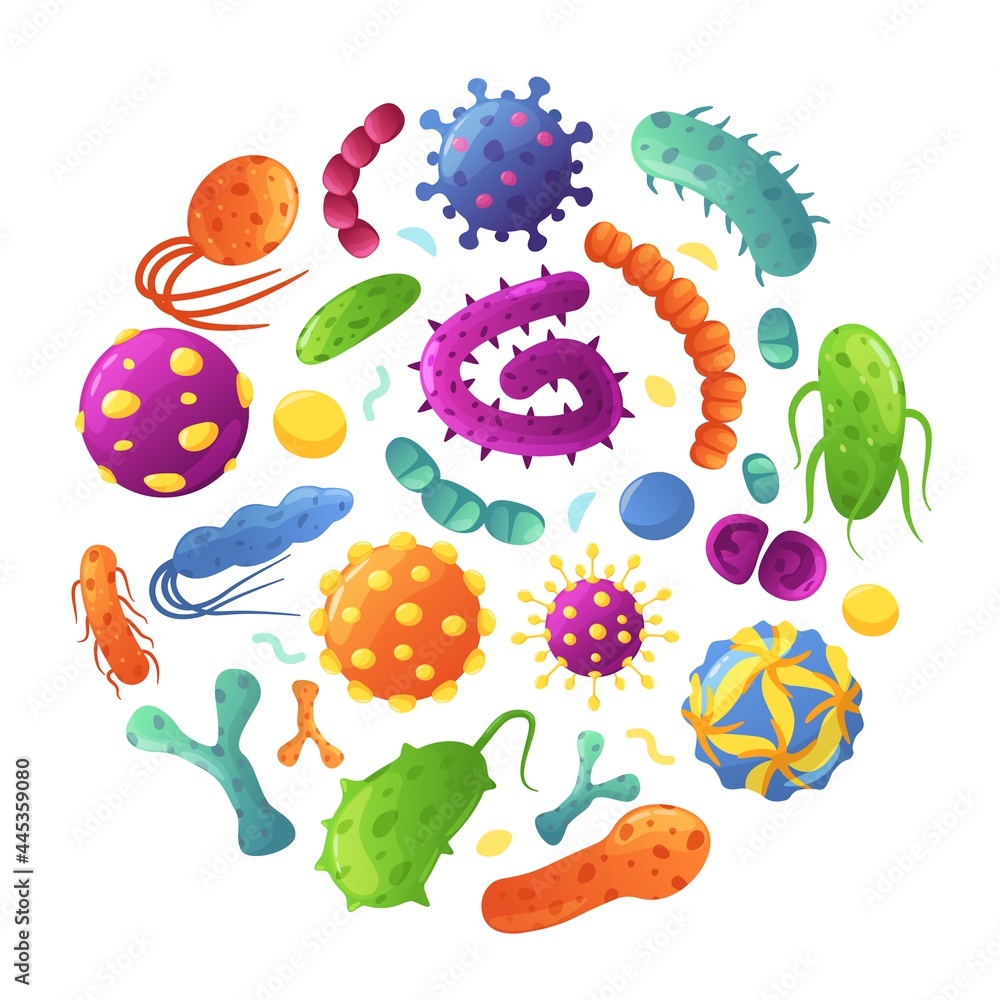 Cartoon germs in circle. Bacteria, cancer cells, viruses, germs ...
