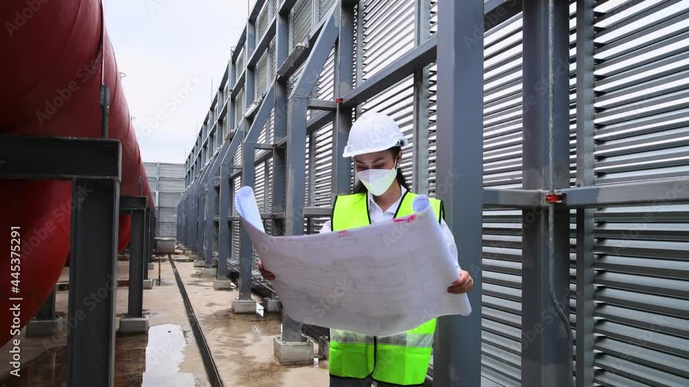 Engineer checking blueprint of industry cooling tower air conditioner ...