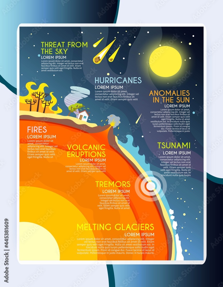 Natural disaster infographics set with fires volcanic eruption melting ...