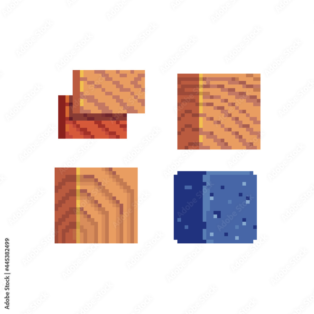 Wooden block and cement pixel art icon. Cube textures set for computer ...