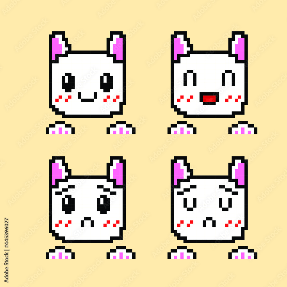 set of cute white cat emoticons with pixel art style Stock Vector ...