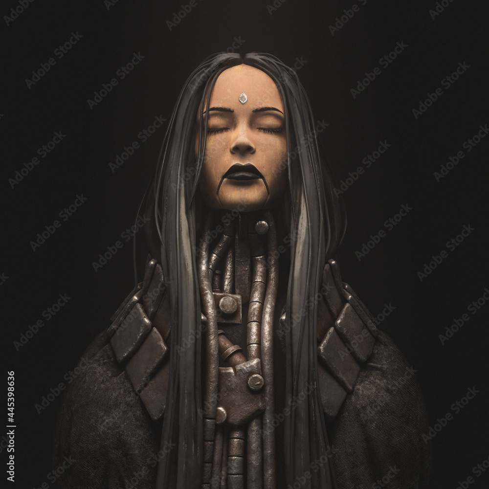 Portrait of cyborg girl with long black hair, closed eyes, metal grunge ...
