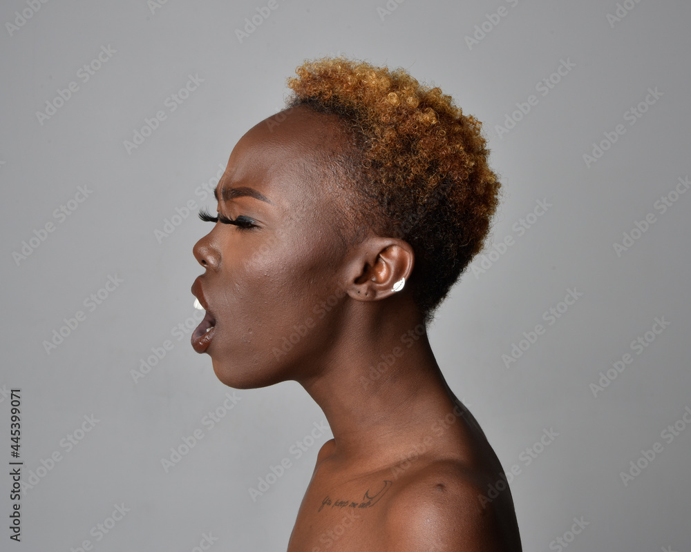 Close up head and shoulders portrait of a pretty young African woman ...
