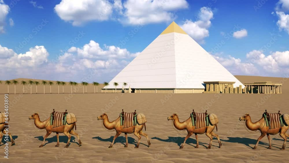Cartoon camel caravan going through the desert, near the Great Pyramid ...