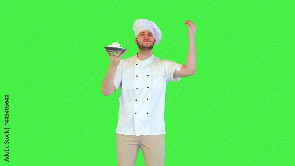 Excited professional chef walk holding new gourmet dish Restaurant cook ...