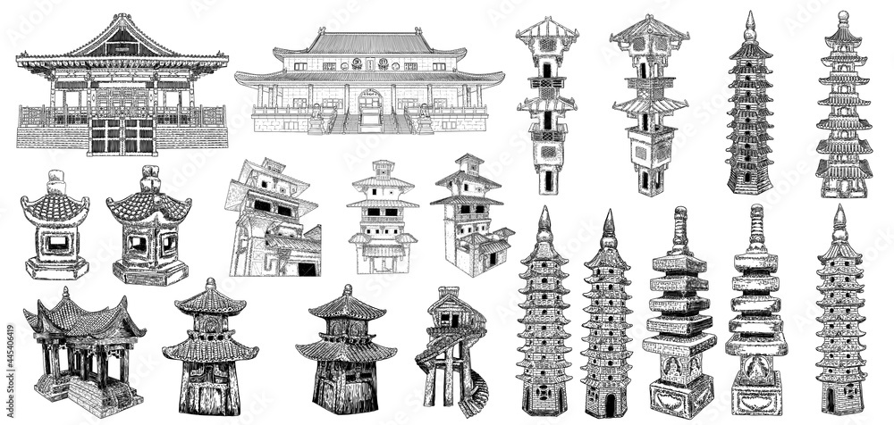 Temple or Buddhist monastery shrine architecture. Chinese and Japanese ...