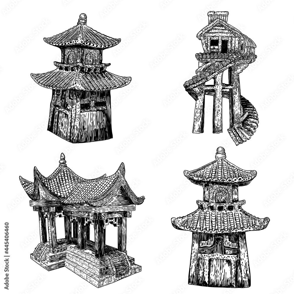 Vetor de Set of Japanese pagoda, Chinese temple or Buddhist monastery ...