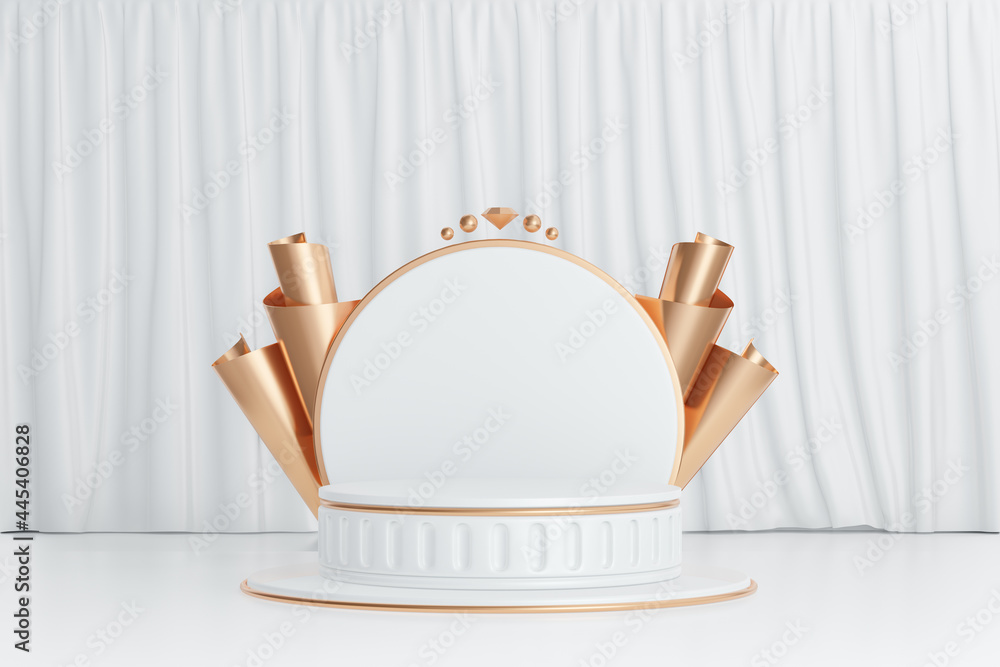 3D rendering background. Roman style gold cylinder stage podium with ...