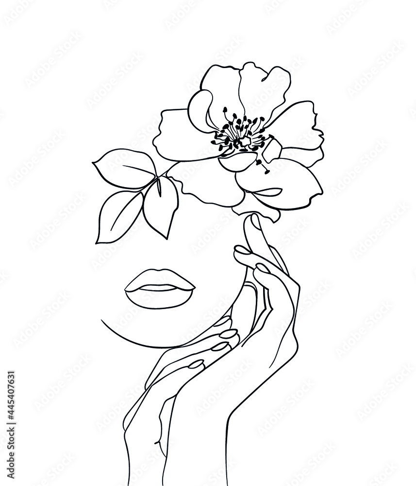 Beauty face with flower rosehip line drawing art. Abstract minimal ...