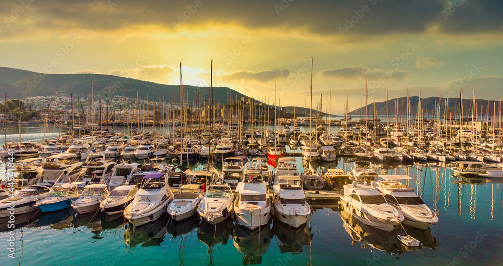 Sunset sea yachts in yacht port Bodrum. Yachting sunset scene. Sunset ...
