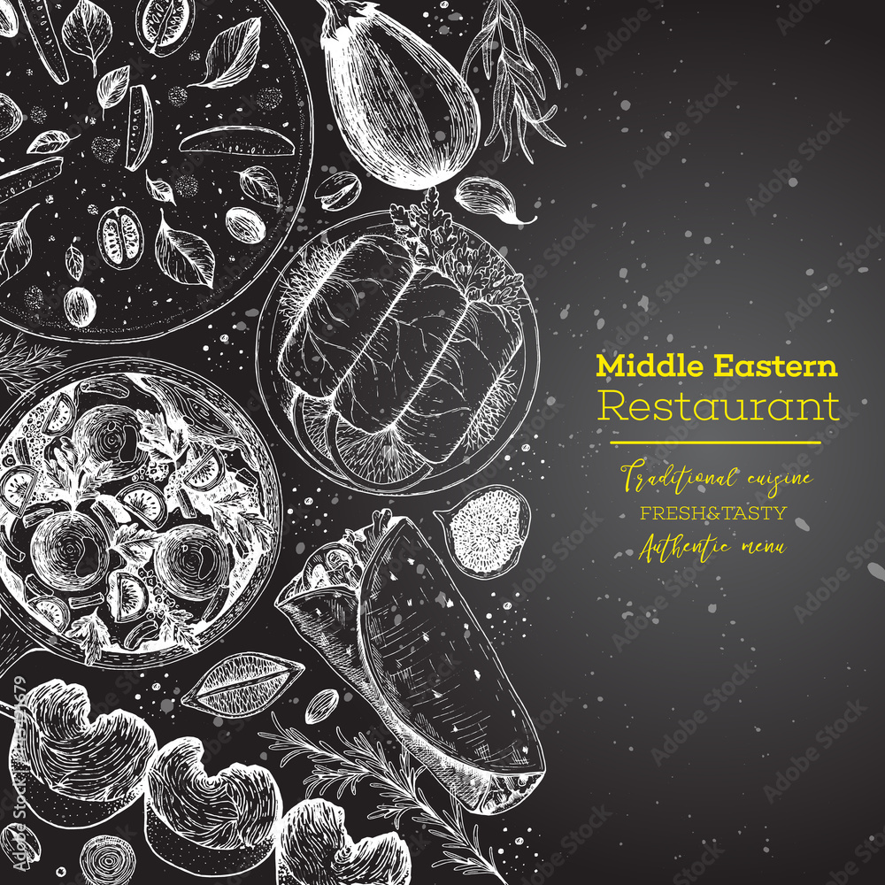 Middle eastern cuisine top view. Food menu design template with ...