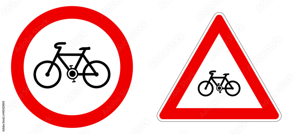 Simple black bicycle icon in red circle and triangle - bike warning or ...